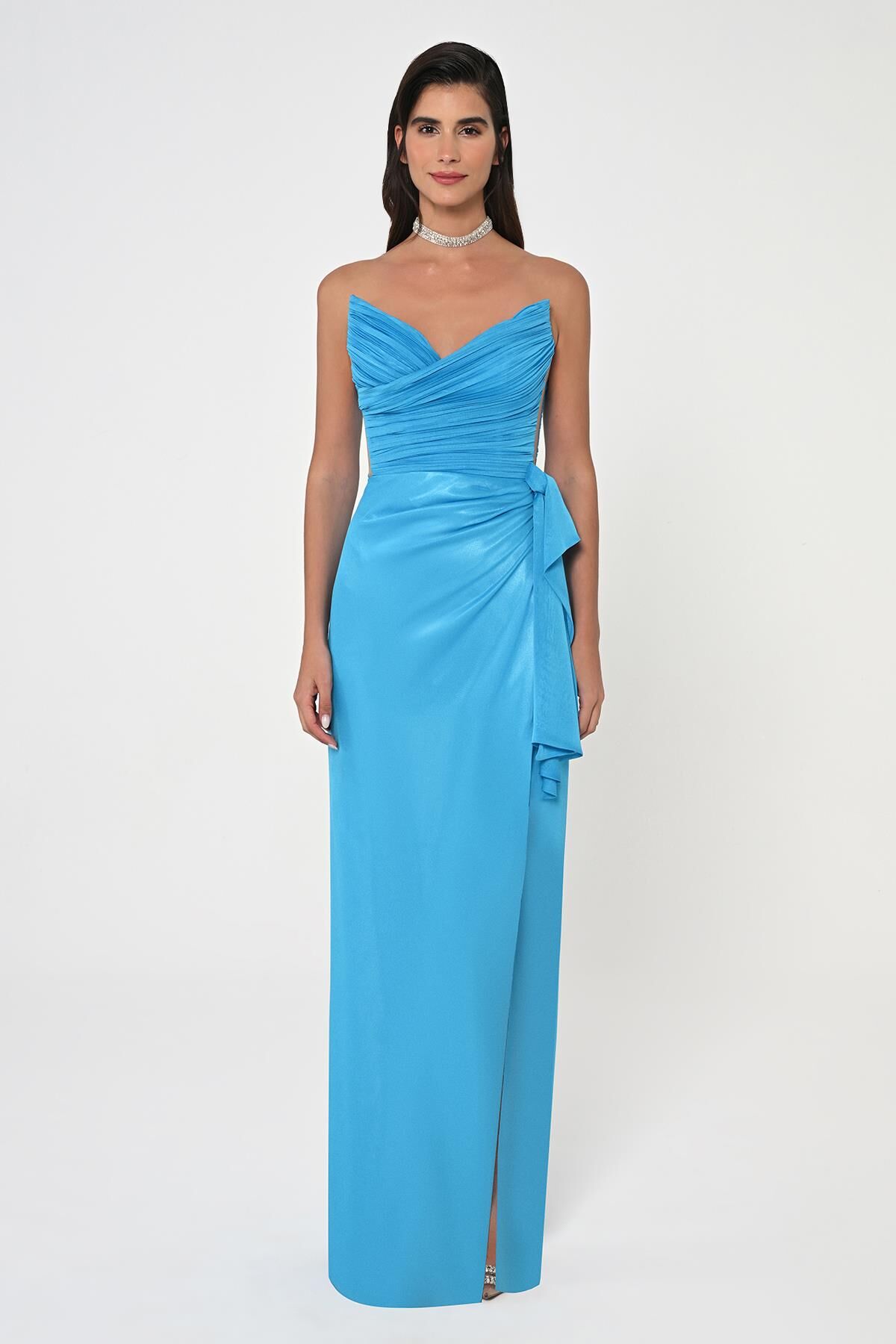 Strapless Top Pleated Chiffon Long Dress with Side Slit