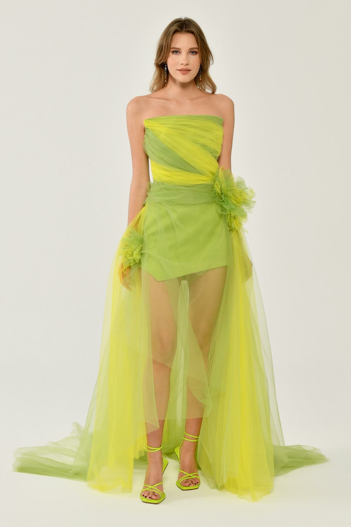 Strapless Satin Inside Short Outside Tulle Long Dress